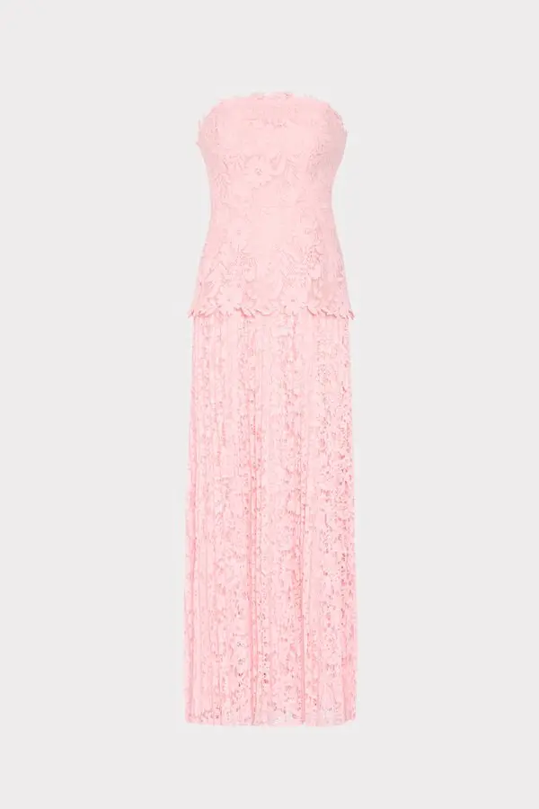 MILLY Strapless Mixed Laces Pleated Maxi Dress - Blush