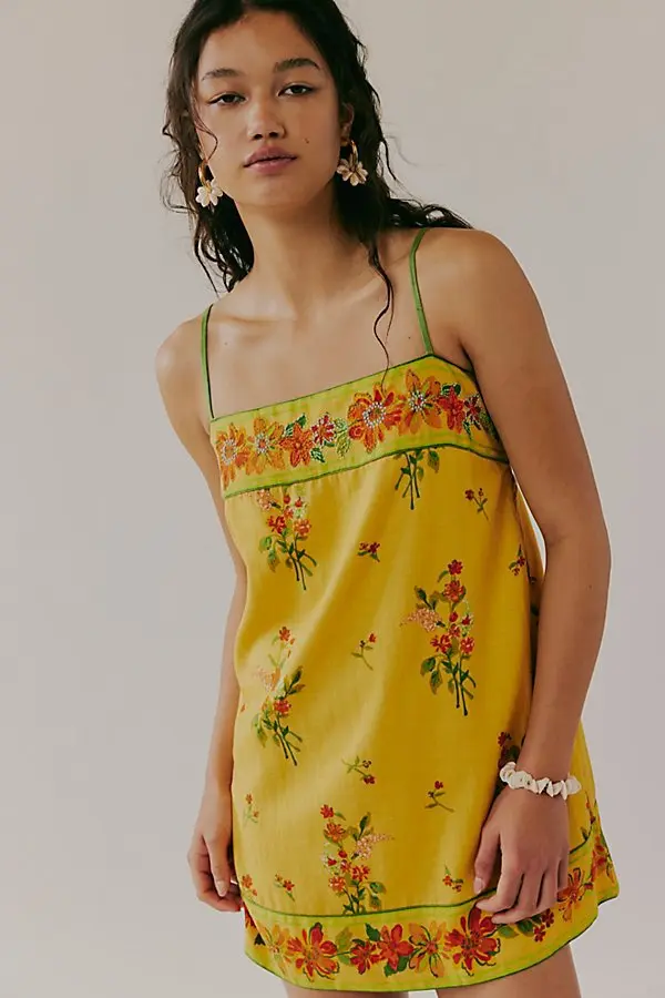 BALI Floral Embroidered Mini Dress - Yellow