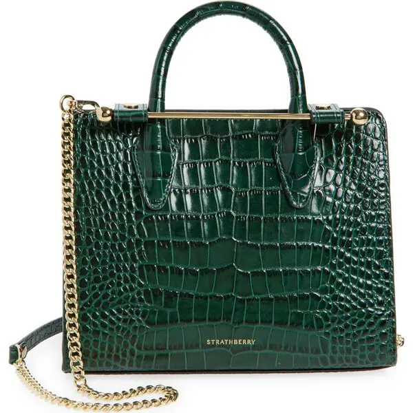 Strathberry Mini Croc Embossed Leather Tote - Bottle Green