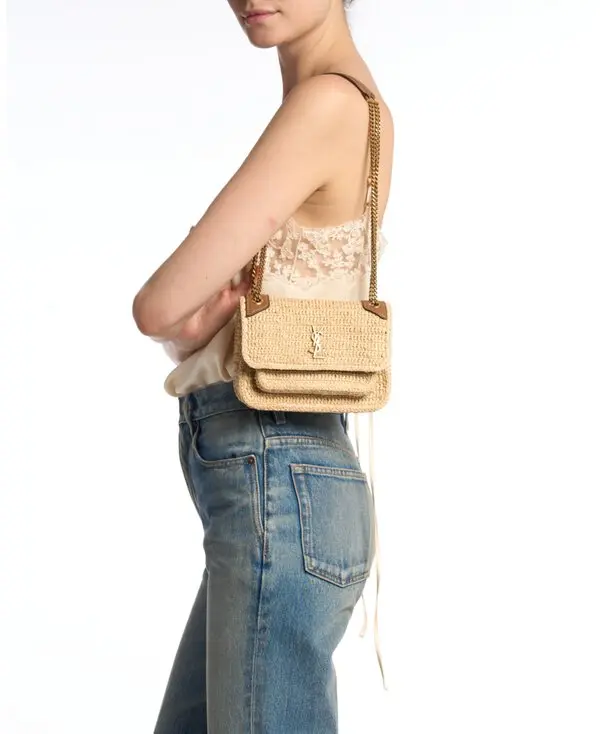 Saint Laurent Niki Mini Shoulder Bag In Raffia - Natural/brick Raffia