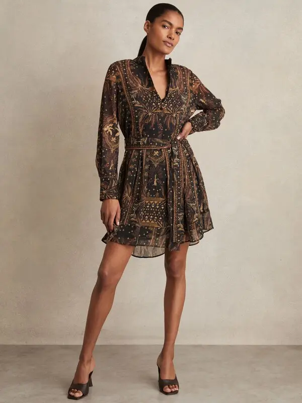 REISS Botanical-print Chiffon Mini Dress