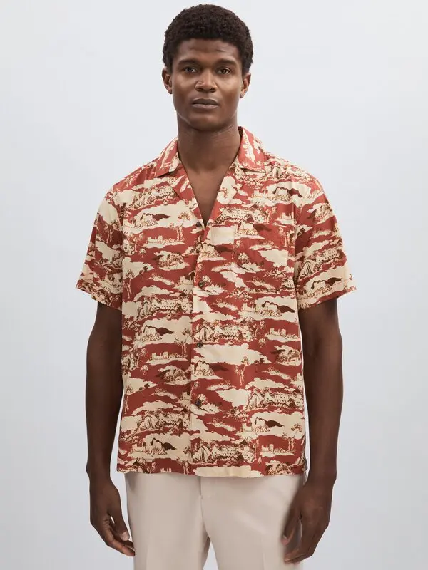 LES DEUX Ruins-print Cuban-collar Shirt - Red