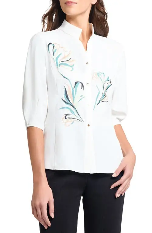 Misook Floral Embroidered Button-up Shirt