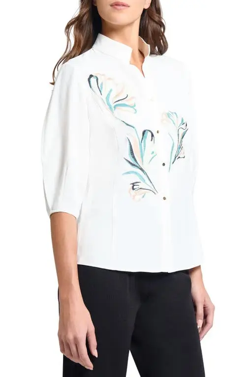Misook Floral Embroidered Button-up Shirt