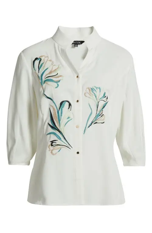 Misook Floral Embroidered Button-up Shirt