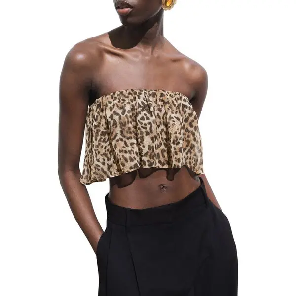 Mango Leopard Print Strapless Ruffle Top