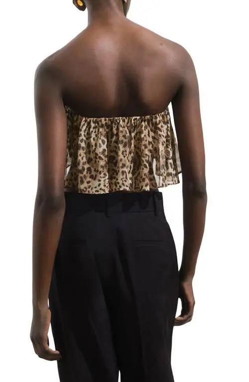 Mango Leopard Print Strapless Ruffle Top