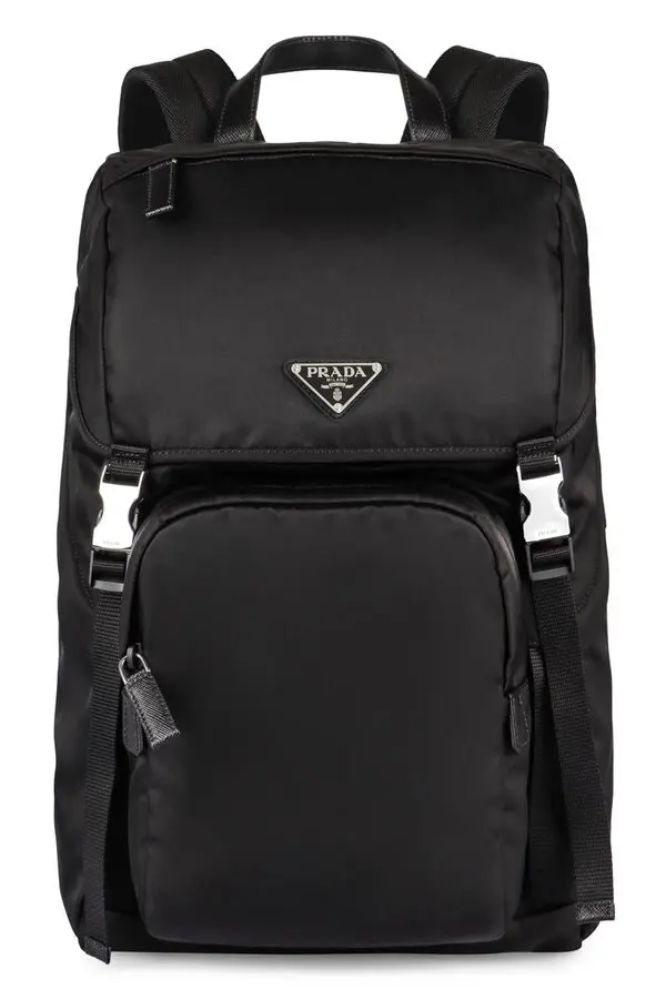 Prada Leather Details Nylon Backpack - Black