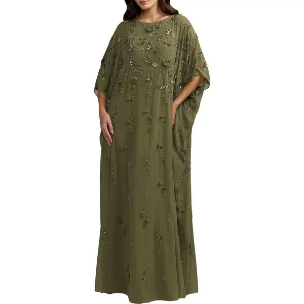 Mac Duggal Embellished Mesh High Neck Trapeze Gown - Olive