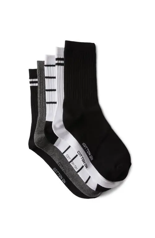 COTTON ON 5-pack Crew Socks - Black White Stripe Mix