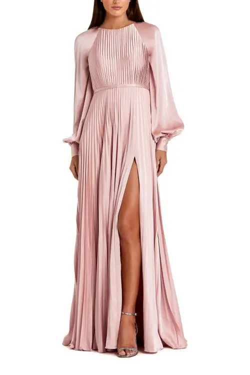 Mac Duggal Pleated High Neck Raglan Long Sleeve Side Slit Gown - Blush