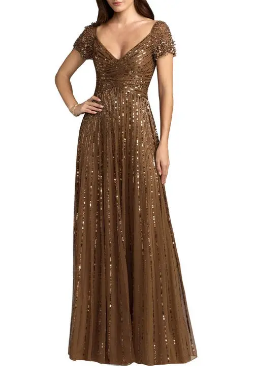 Mac Duggal Beaded V-neck Gown - Chocolate