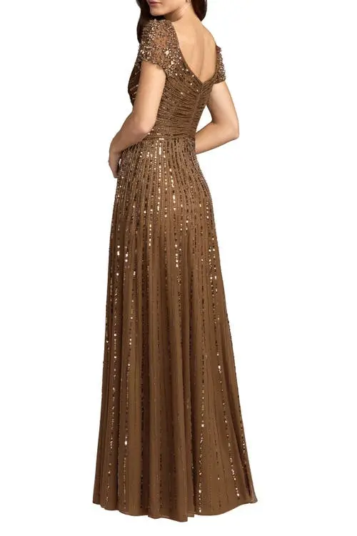 Mac Duggal Beaded V-neck Gown - Chocolate