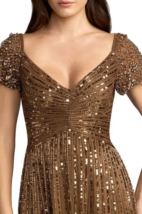 Mac Duggal Beaded V-neck Gown - Chocolate