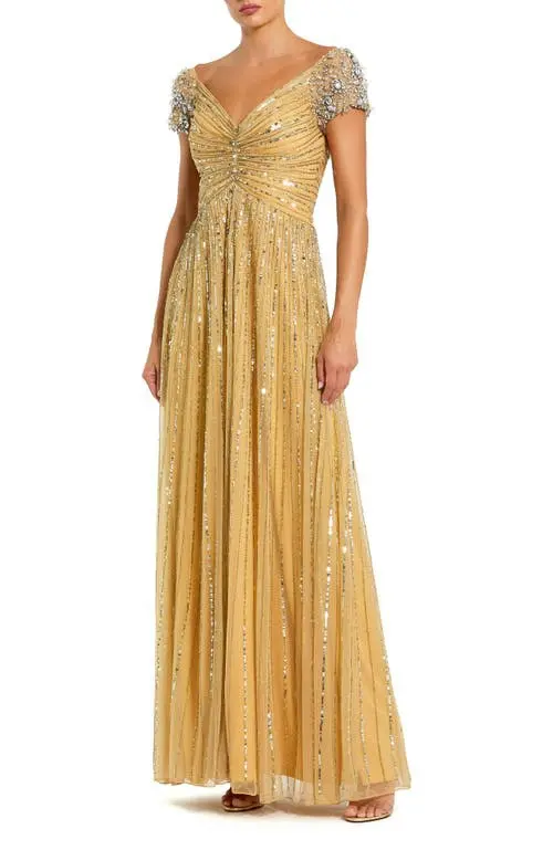 Mac Duggal Beaded Cap Sleeve V-neck A-line Evening Gown - Gold