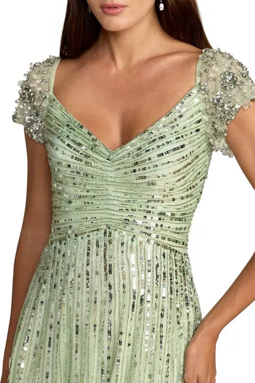 Mac Duggal Beaded Cap Sleeve V-neck A-line Evening Gown - Sage