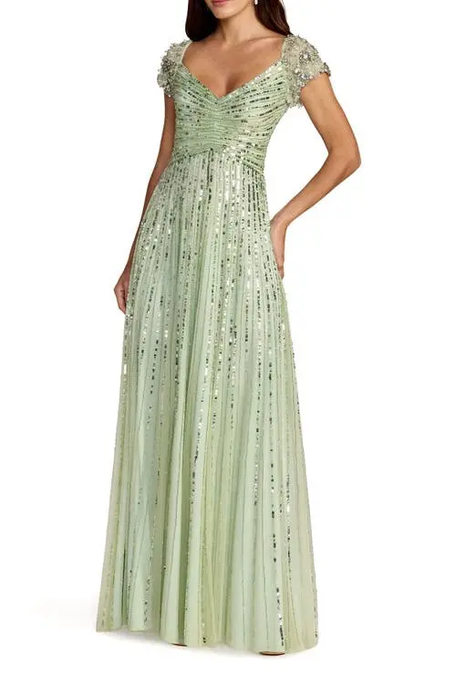 Mac Duggal Beaded Cap Sleeve V-neck A-line Evening Gown - Sage