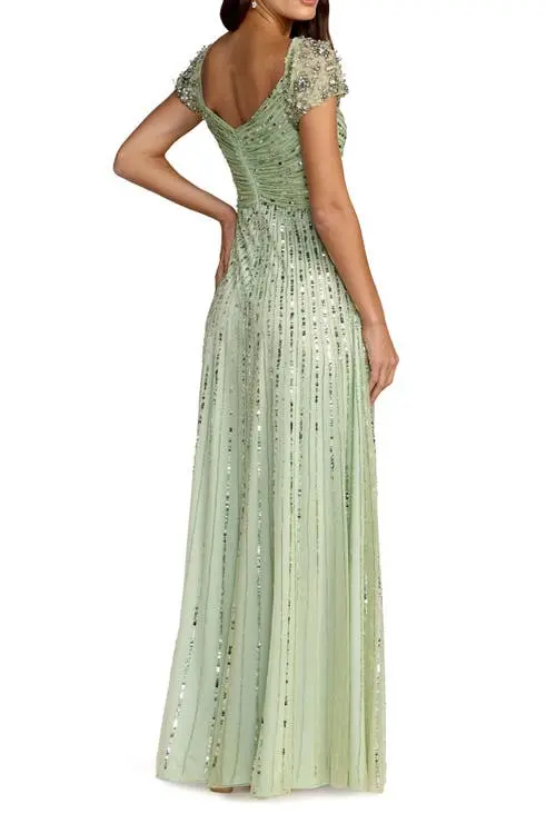 Mac Duggal Beaded Cap Sleeve V-neck A-line Evening Gown - Sage