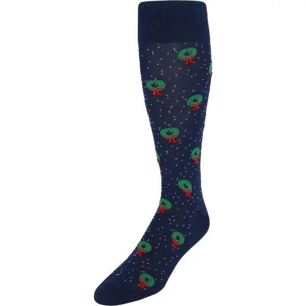 Trafalgar Holiday Wreath Over-the-calf Mercerized Cotton Socks - Navy Blue