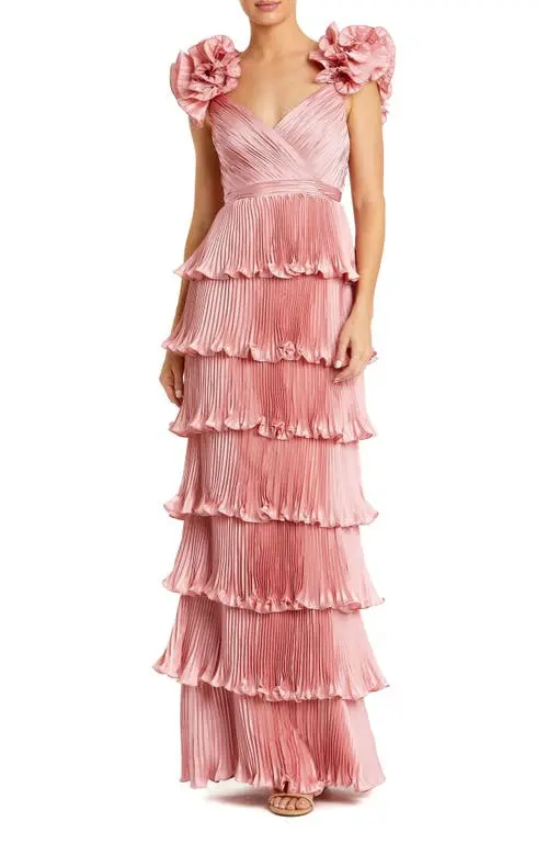 Mac Duggal Pleated Charmeuse Tiered Gown With Ruffle Straps - Rose