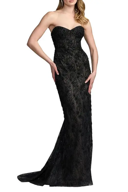 Mac Duggal Beaded Strapless Bustier Gown With Cape - Black