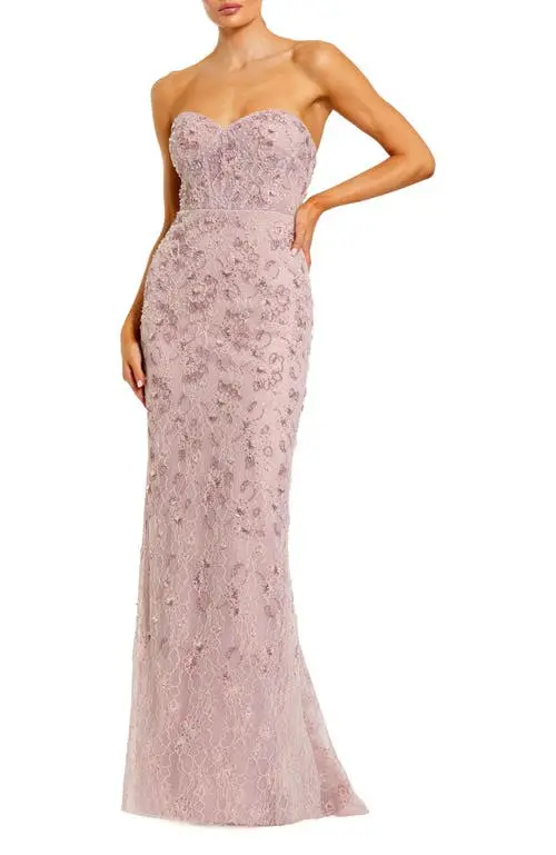 Mac Duggal Beaded Strapless Bustier Gown With Satin Cape - Rose