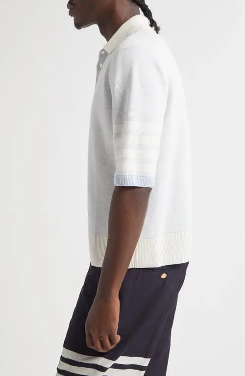 Thom Browne Relaxed Fit 4-bar Textured Stripe Linen & Cotton Polo Sweater - Light Blue