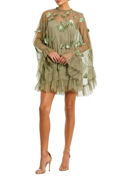 Mac Duggal Embellished Long Sleeve Mini Dress - Sage