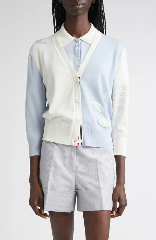 Thom Browne 4-bar Feather Intarsia Three Quarter Sleeve Cardigan