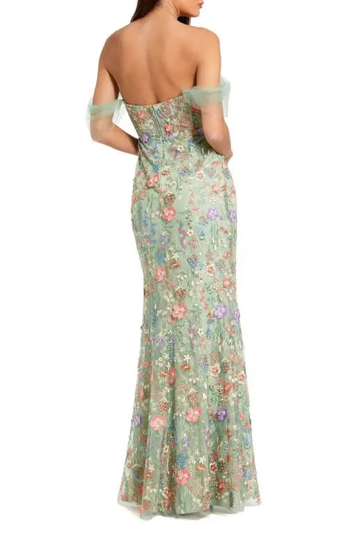 Mac Duggal Off-the-shoulder Embroidered Net Gown - Sage Multi