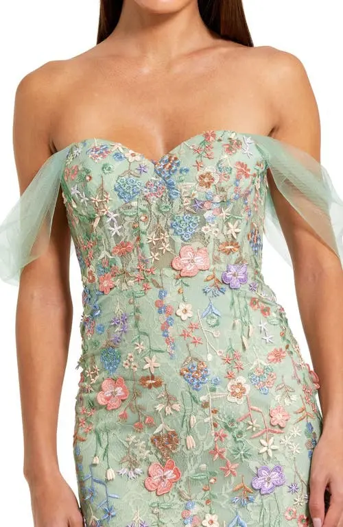 Mac Duggal Off-the-shoulder Embroidered Net Gown - Sage Multi