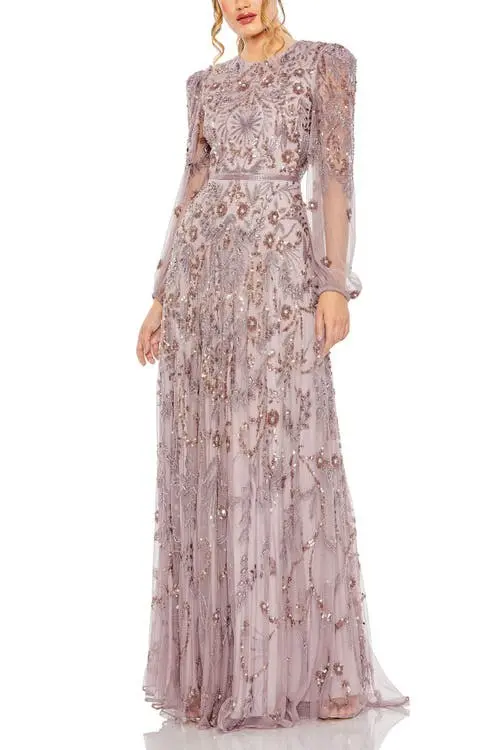 Mac Duggal Embellished A-line Gown With Puff Sleeves - Heather