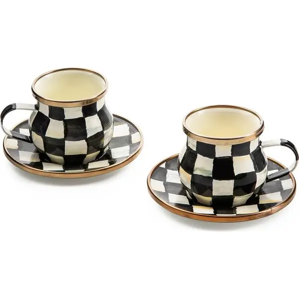MACKENZIE-CHILDS Courtly Check Enameled Steel Espresso Cups & Saucers Set - Black/ White