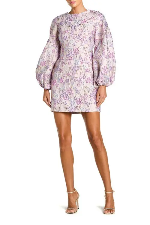 Mac Duggal Brocade Floral Balloon Sleeve Mini Dress - Lilac Multi