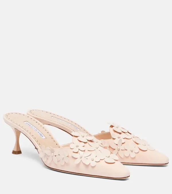Manolo Blahnik Harnes 50 Floral-appliqué Suede Mules - Pink