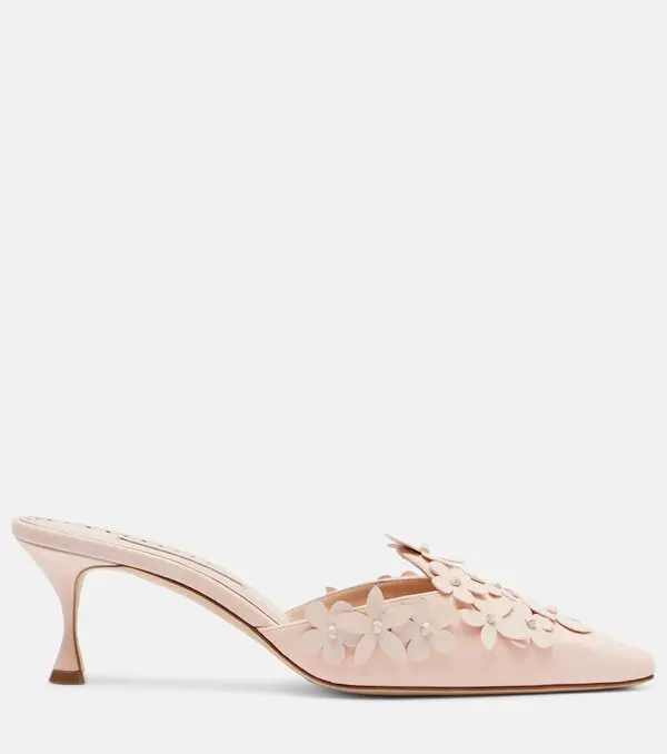 Manolo Blahnik Harnes 50 Floral-appliqué Suede Mules - Pink
