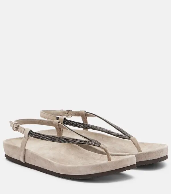 Brunello Cucinelli Monili Suede Thong Sandals - Grey