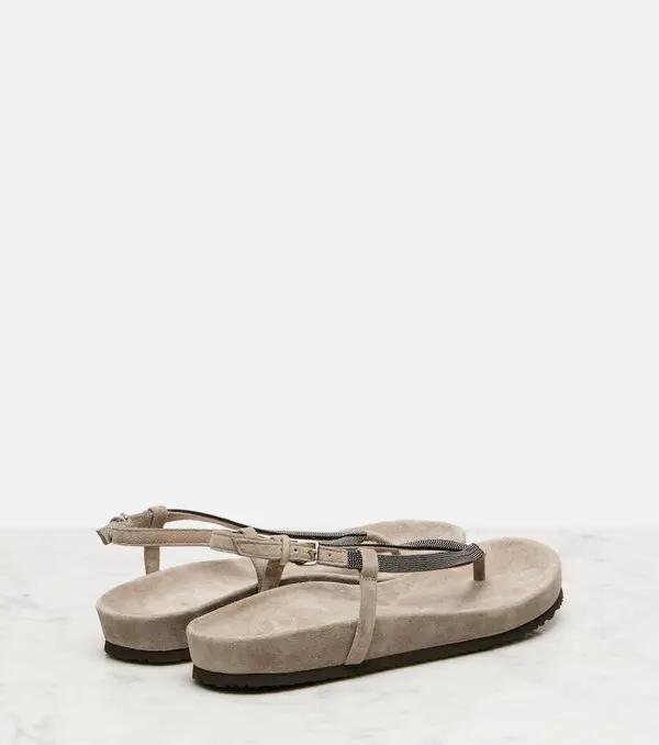 Brunello Cucinelli Monili Suede Thong Sandals - Grey