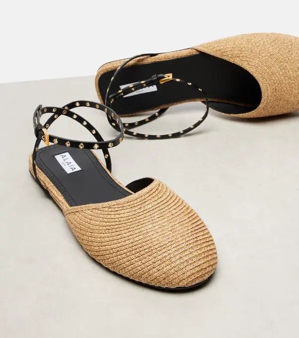 Alaïa Leather-trimmed Raffia Flats - Neutrals