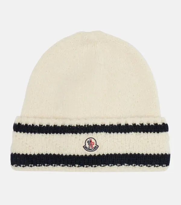 Moncler Logo Striped Wool-blend Beanie - Beige