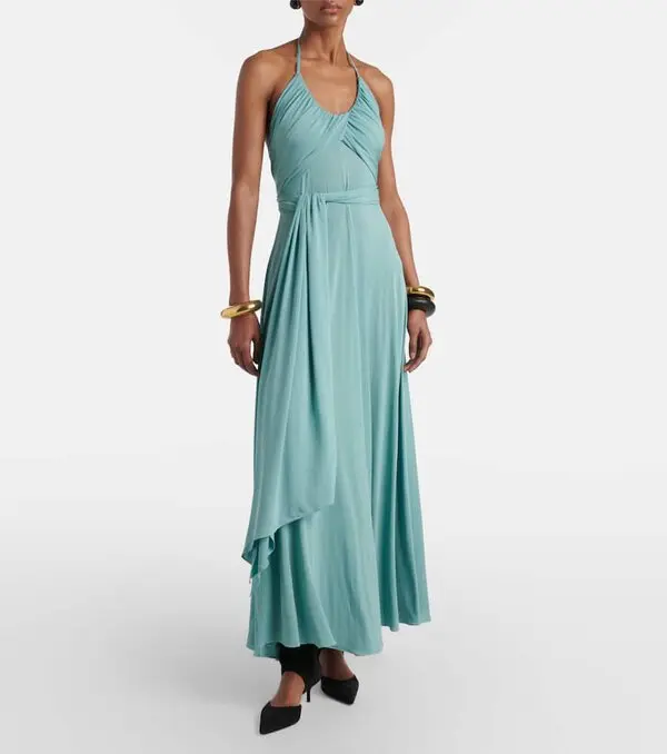Alaïa Draped Halterneck Jersey Maxi Dress - Blue