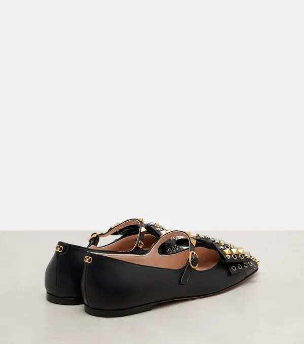 Valentino Garavani Bowow Studded Leather Ballet Flats - Black