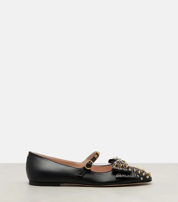 Valentino Garavani Bowow Studded Leather Ballet Flats - Black