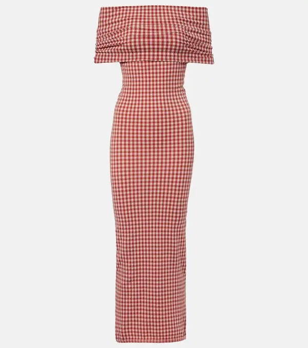 Alaïa Gingham Off-shoulder Maxi Dress