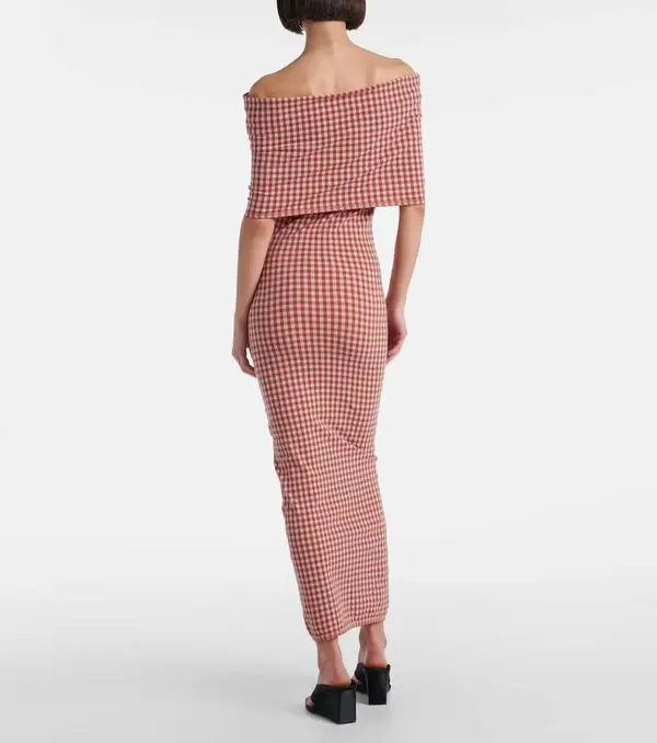 Alaïa Gingham Off-shoulder Maxi Dress