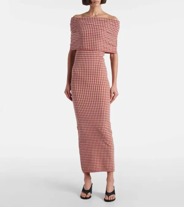 Alaïa Gingham Off-shoulder Maxi Dress