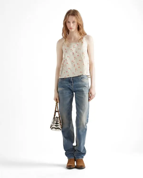 Prada Embroidered Floral Print Linen Top - Neutral | Editorialist