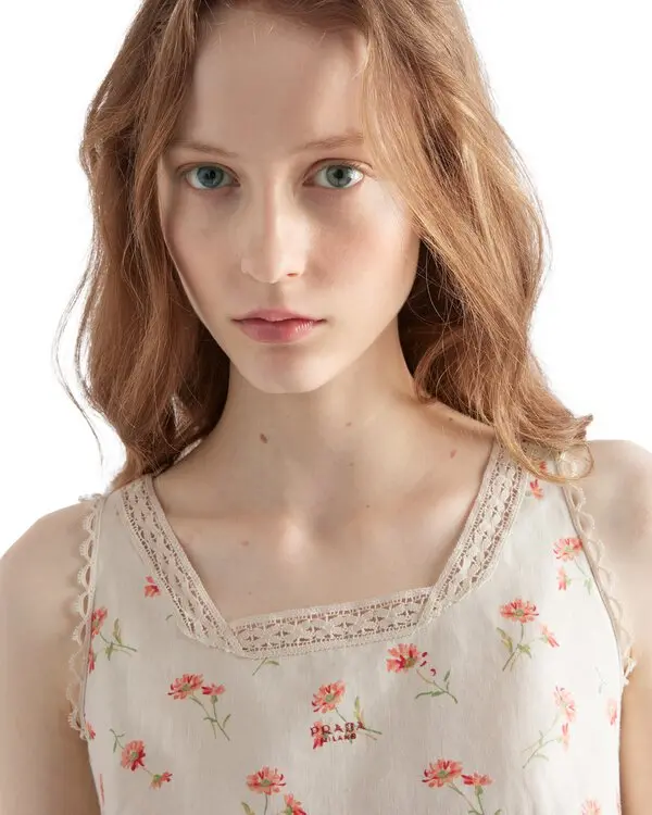 Prada Embroidered Floral Print Linen Top - Neutral | Editorialist