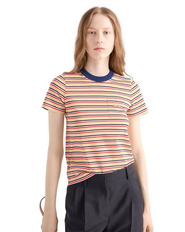 Prada Striped Lisle Cotton T-shirt - Neutral