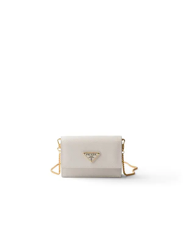 Prada Saffiano Leather Card Holder With Shoulder Strap - Neutral